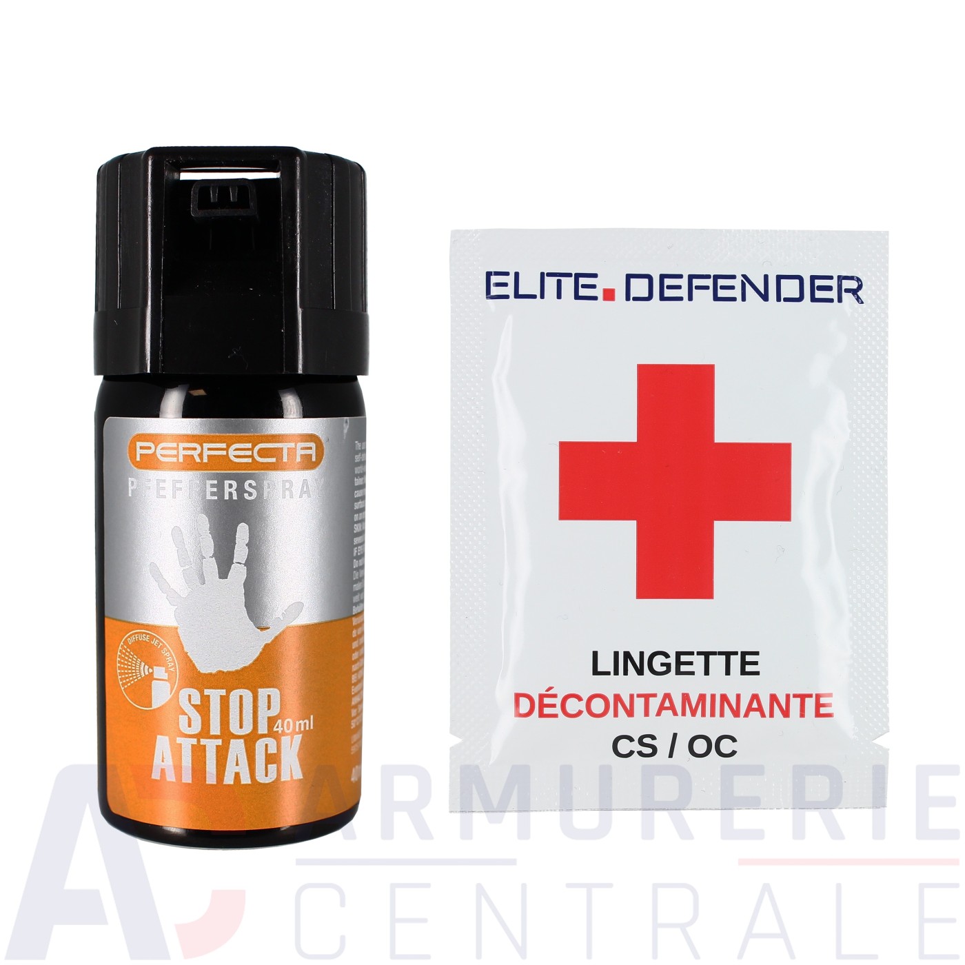 Bombe lacrymogène poivre + lingette décontaminante Elite Defender ...